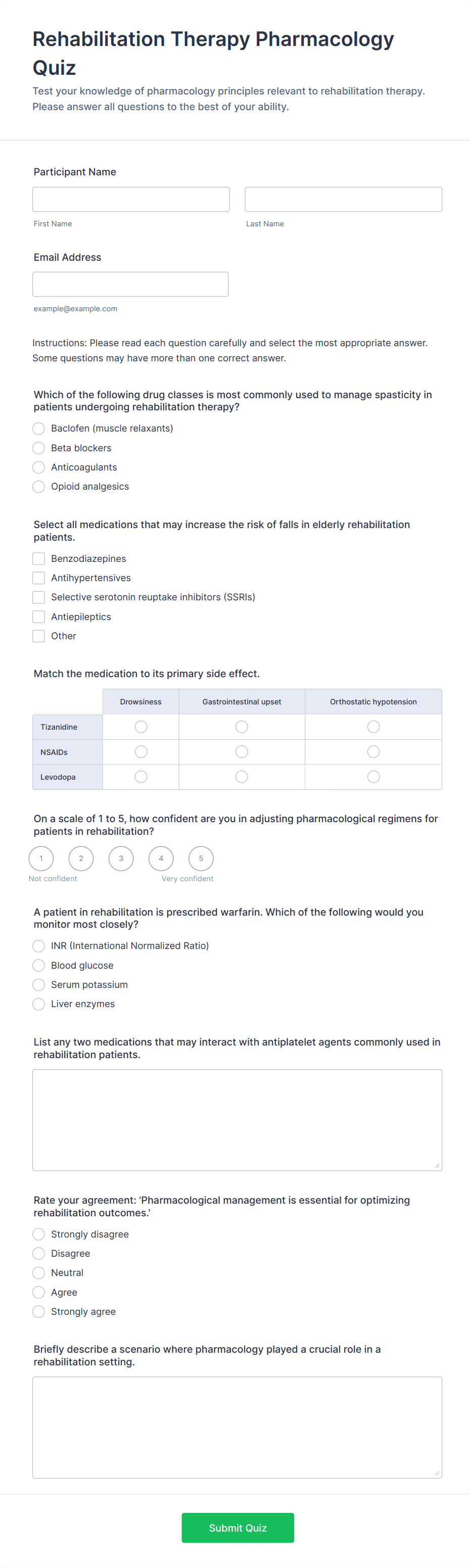 Rehabilitation Therapy Pharmacology Quiz Form Template | Jotform