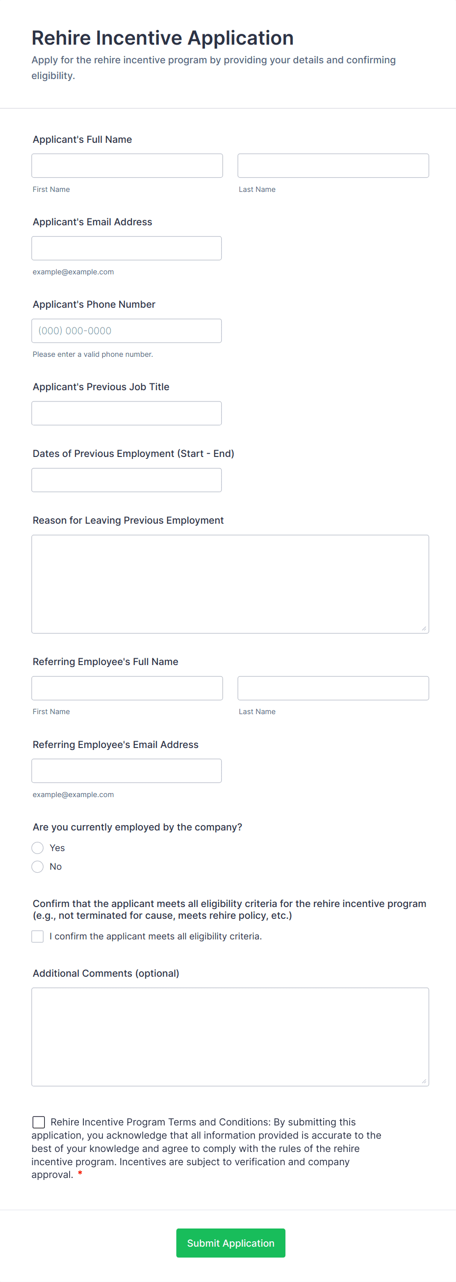Rehire Incentive Application Form Template | Jotform