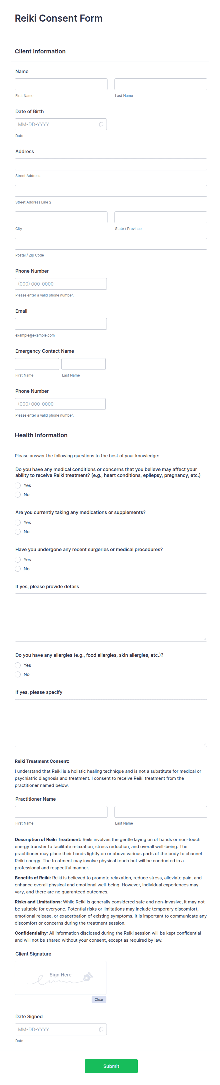 Reiki Consent Form Template | Jotform