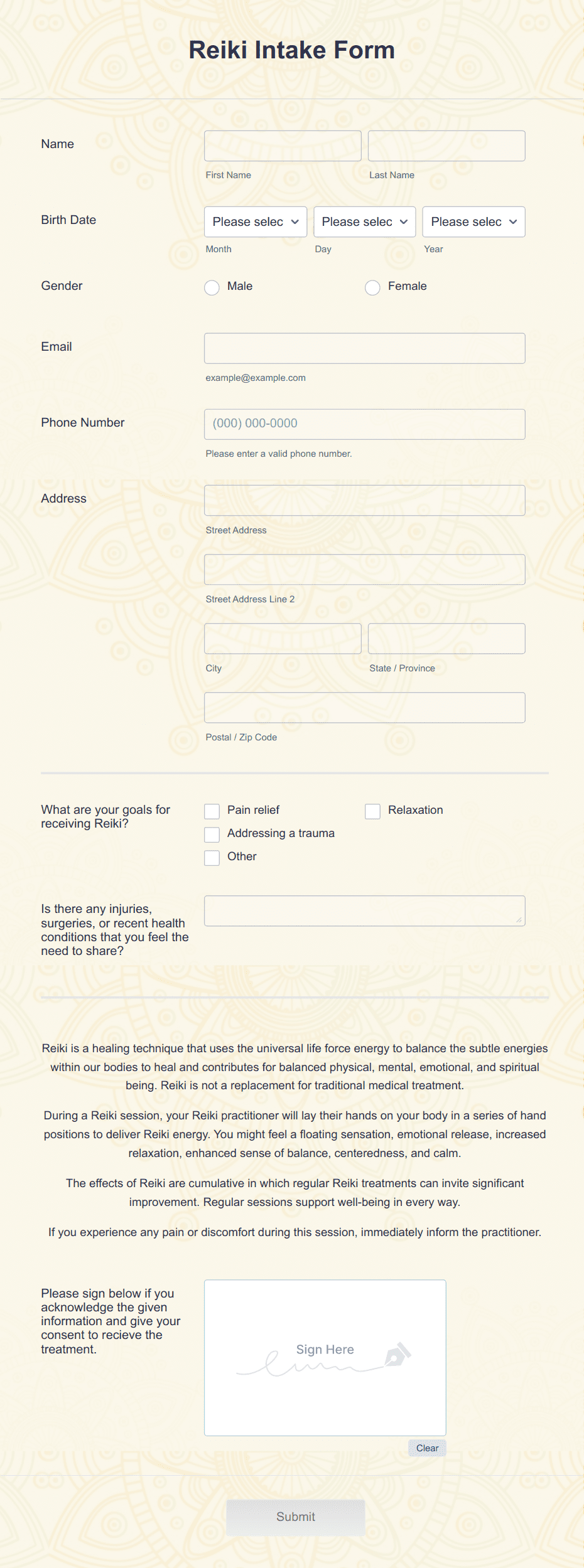 Reiki Intake Form Template | Jotform