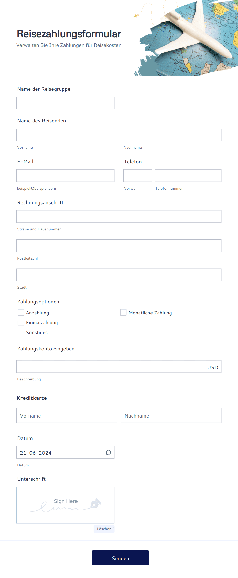 Reisezahlungsformular Formularvorlage | Jotform