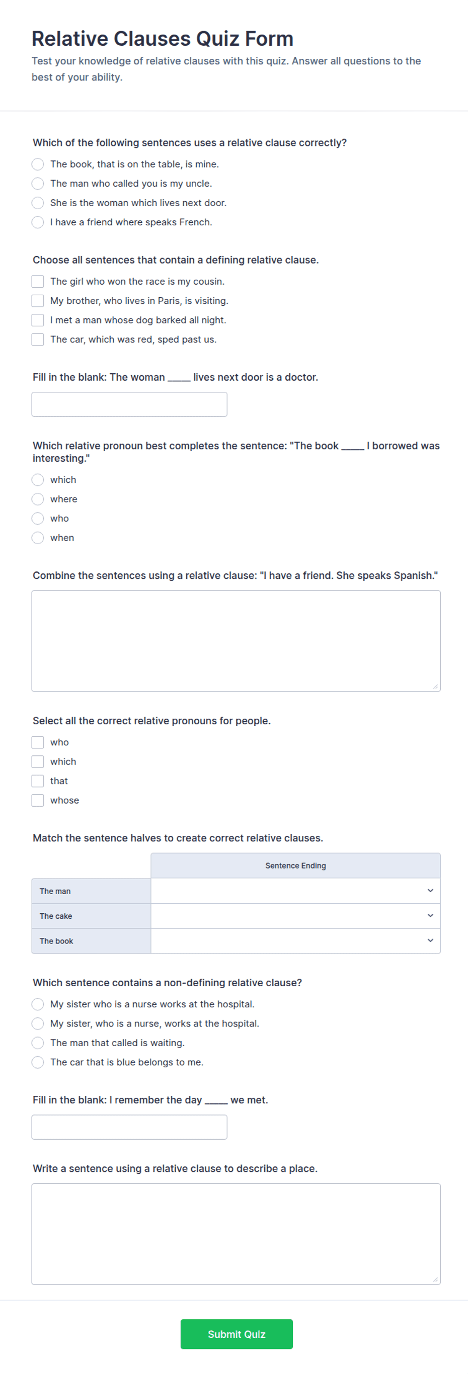 Relative Clauses Quiz Form Template | Jotform