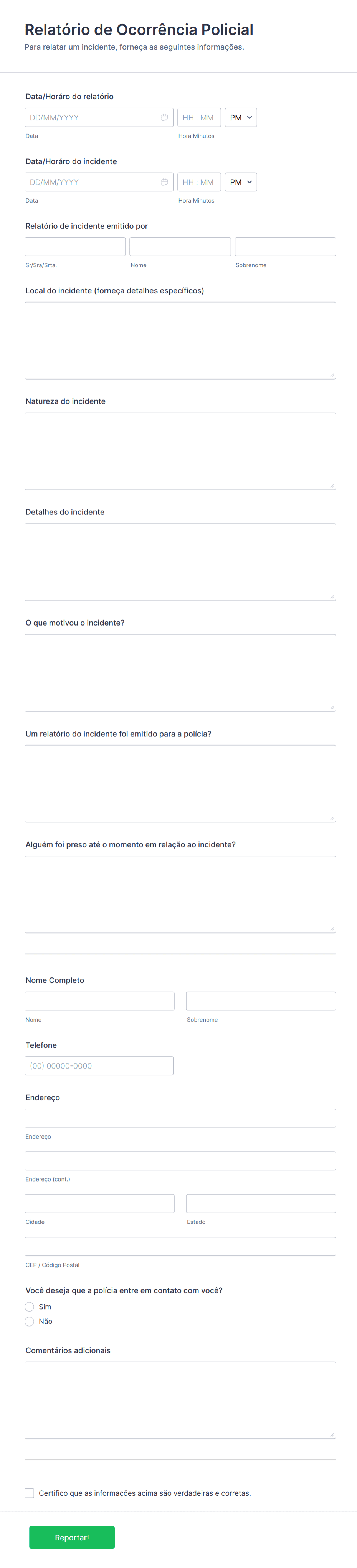 Relatório de Ocorrência Policial Modelo de Formulário | Jotform