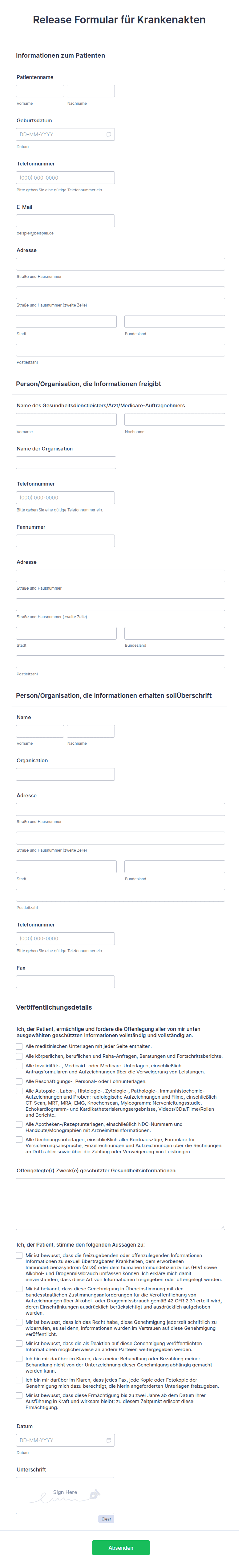 Release Formular für Krankenakten Formularvorlage | Jotform