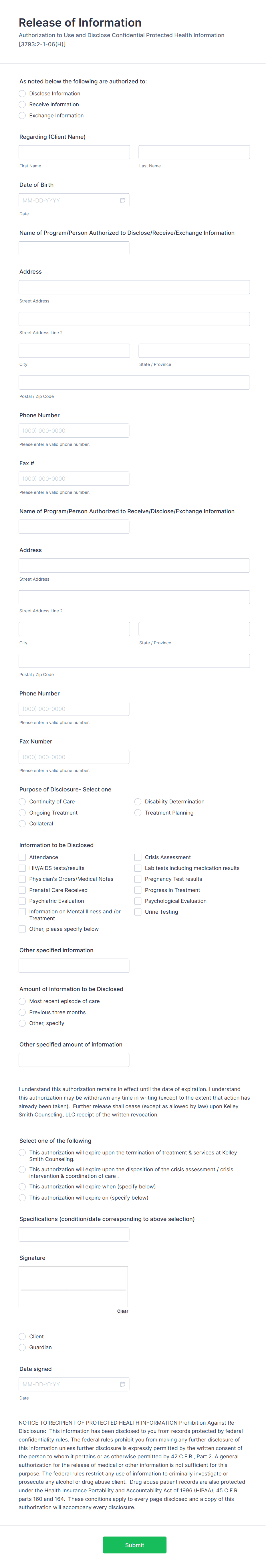 Mental Health Care Release of Information Form Template | Jotform