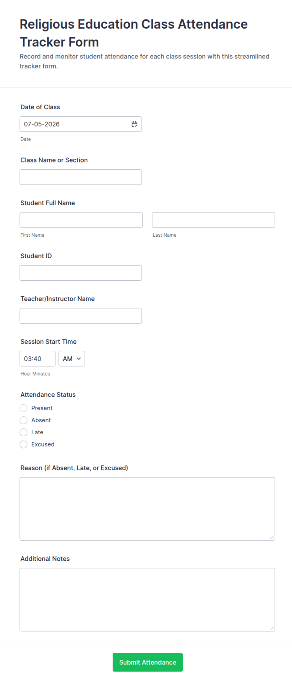 Religious Education Class Attendance Tracker Form Template | Jotform