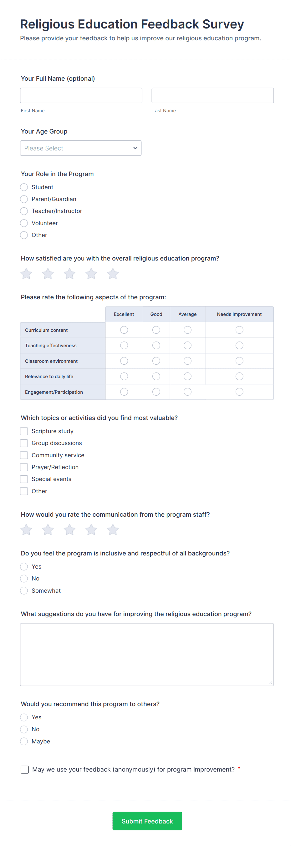 Religious Education Feedback Survey Form Template | Jotform