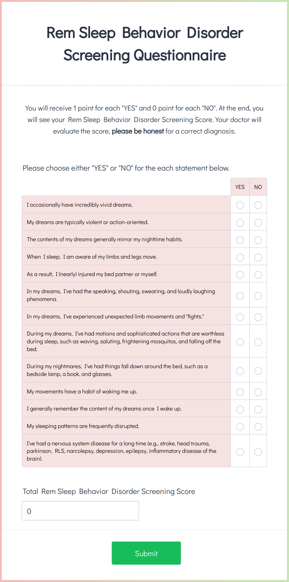 Rem Sleep Behavior Disorder Screening Questionnaire Form Template | Jotform