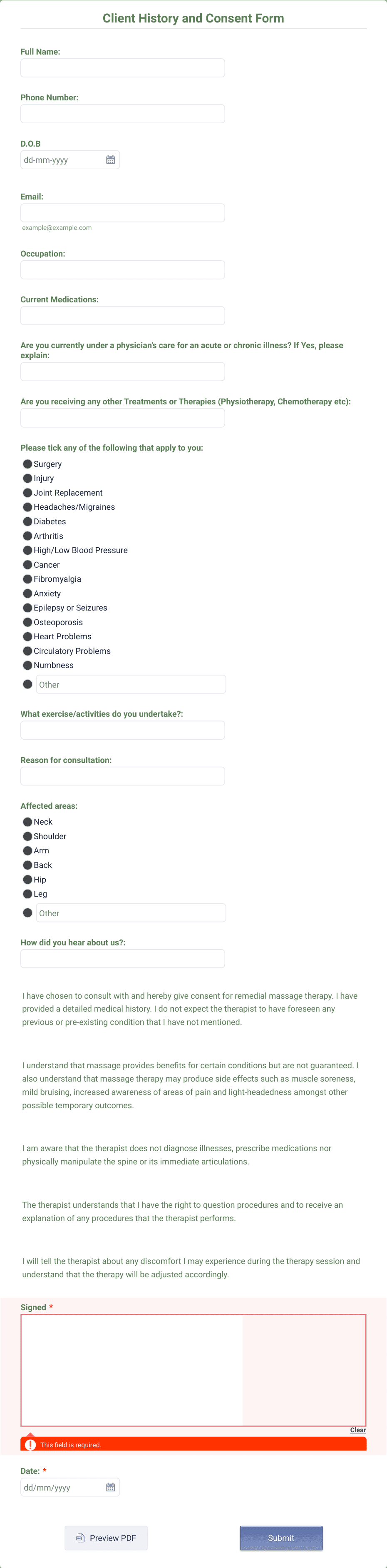 Remedial Massage Intake Form Template | Jotform