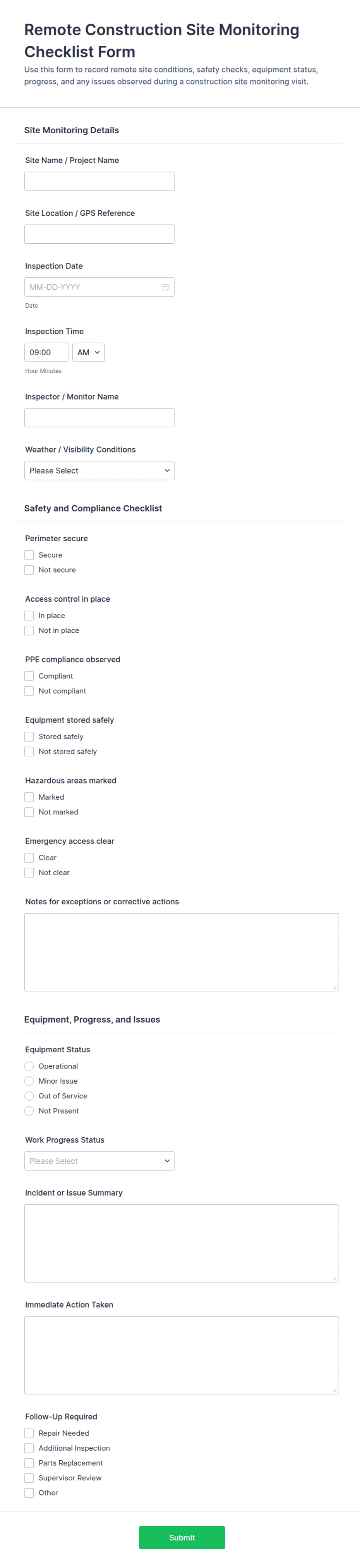 Remote Construction Site Monitoring Checklist Form Template | Jotform