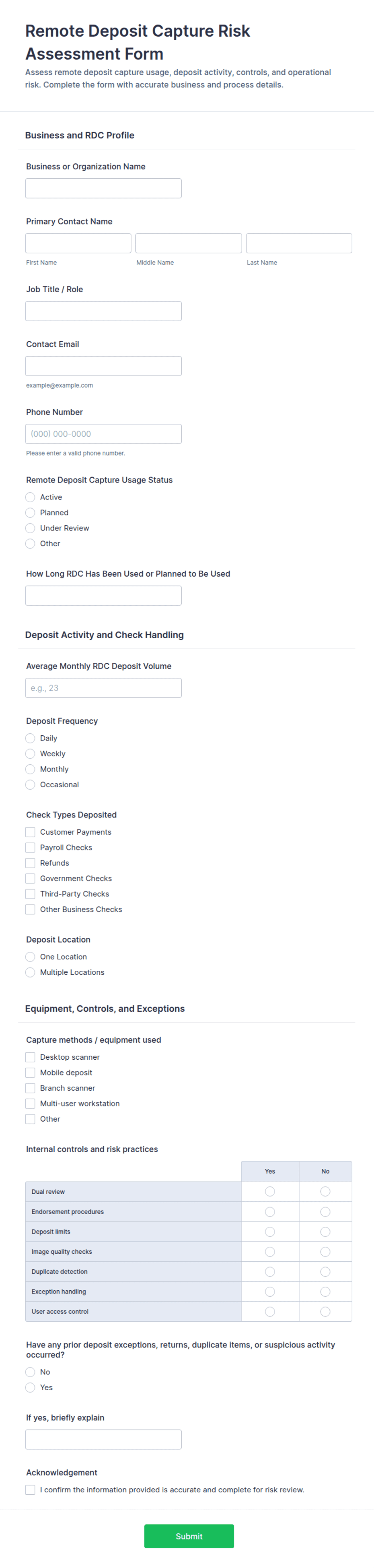 Remote Deposit Capture Risk Assessment Form Template | Jotform