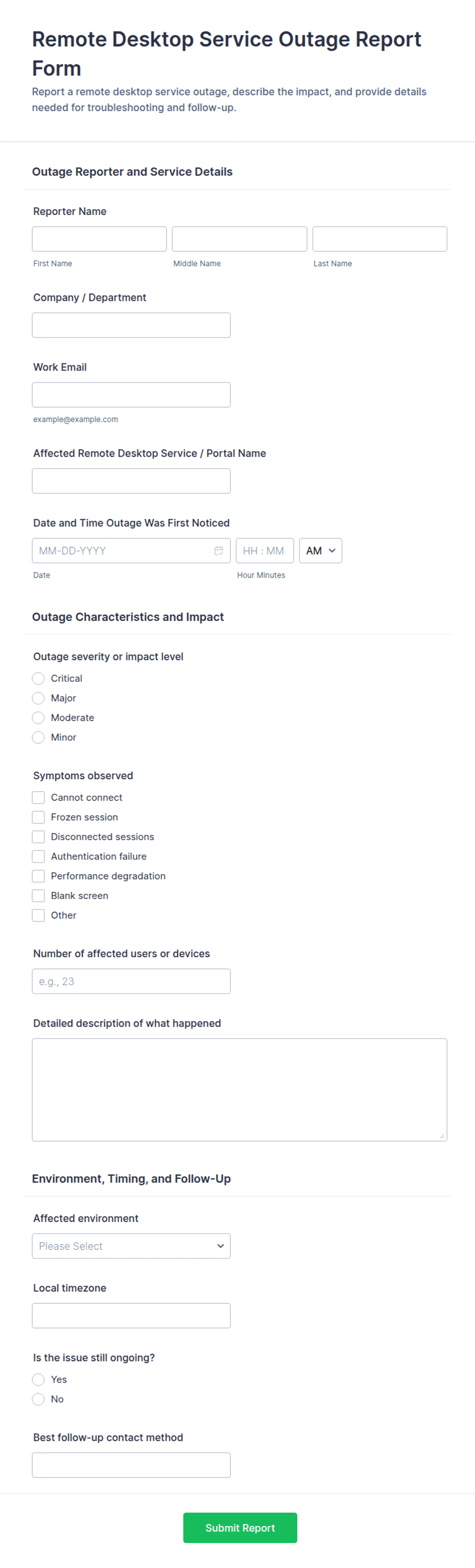 Remote Desktop Service Outage Report Form Template | Jotform
