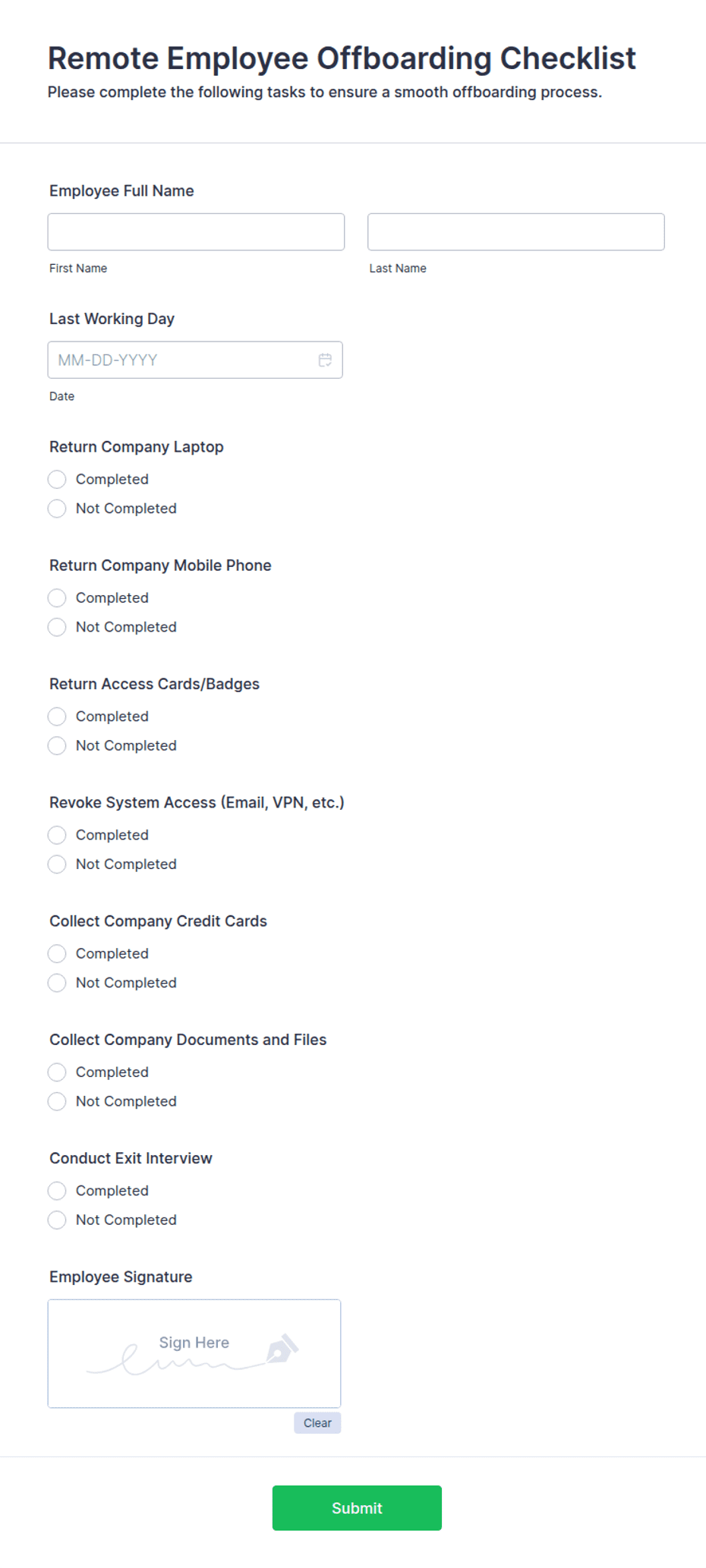 Remote Employee Offboarding Checklist Form Template | Jotform