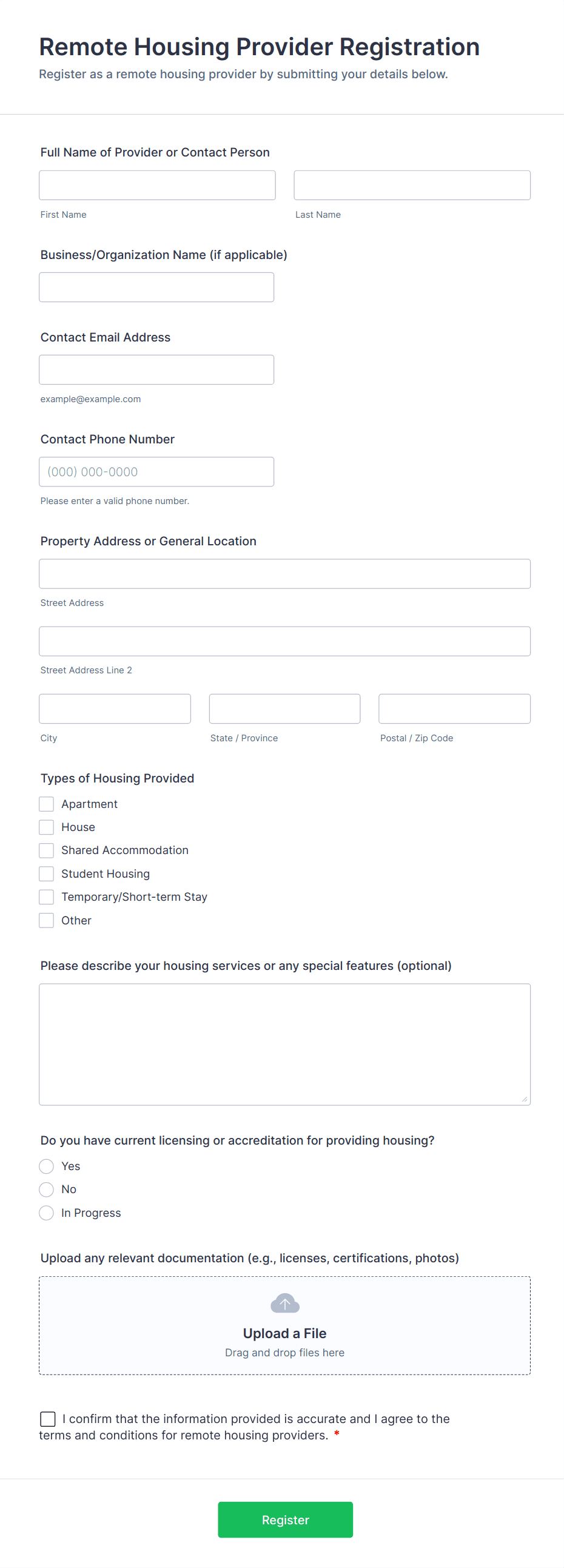 Remote Housing Provider Registration Form Template | Jotform