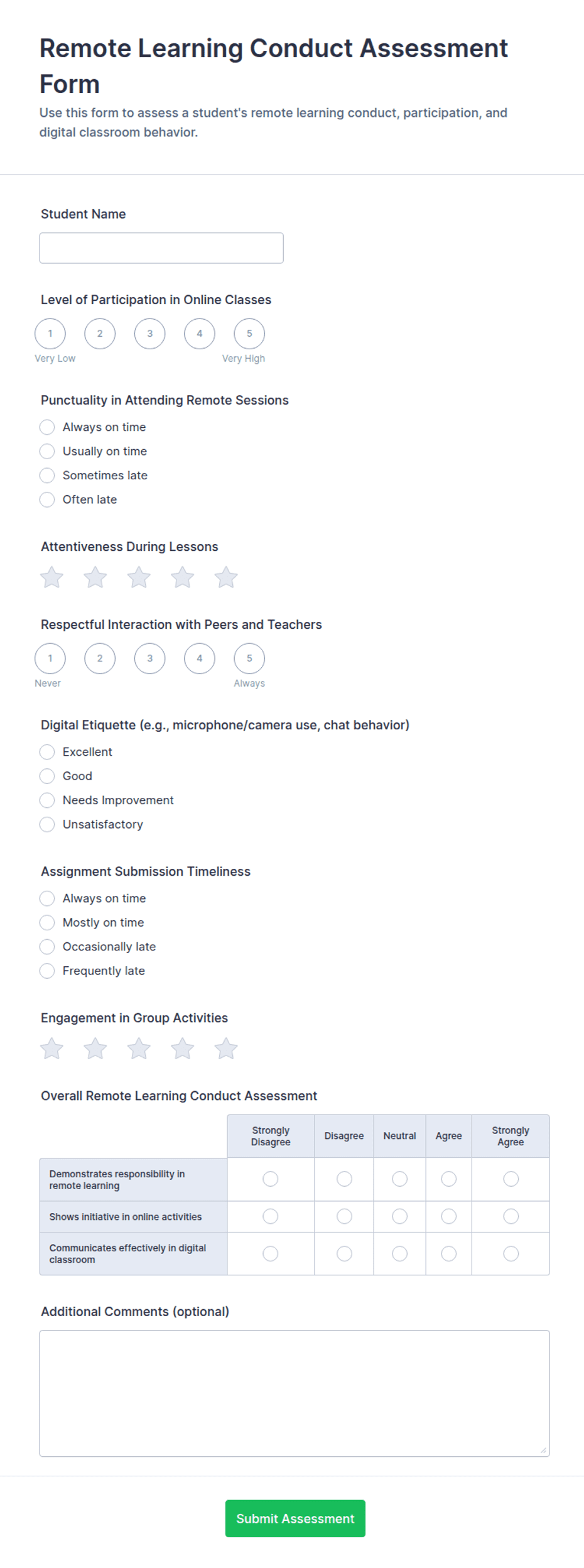 Remote Learning Conduct Assessment Form Template | Jotform