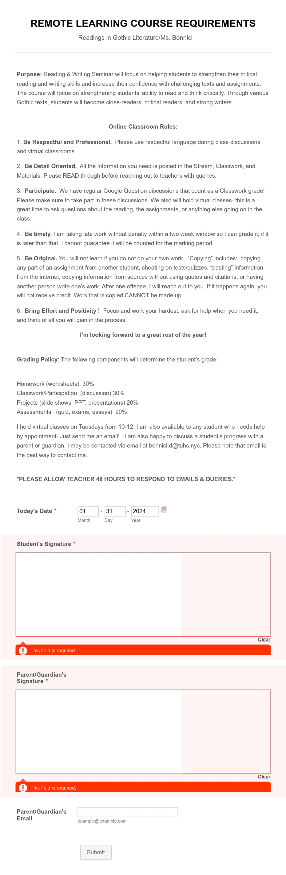 Remote Learning Course Contract Form Template | Jotform