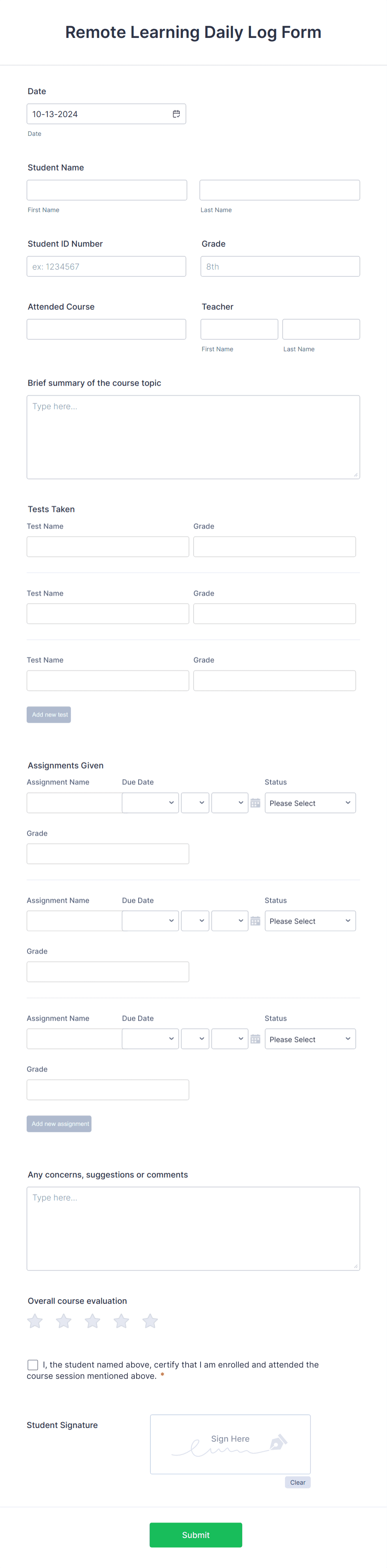 Remote Learning Daily Log Form Template | Jotform