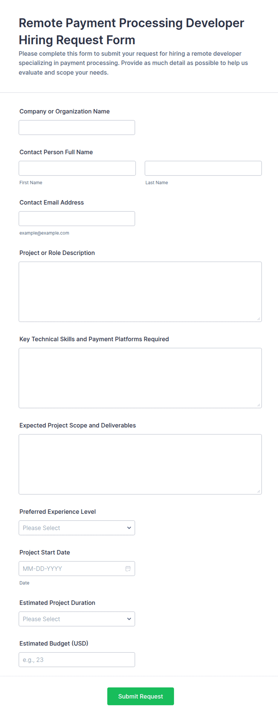 Remote Payment Processing Developer Hiring Request Form Template | Jotform