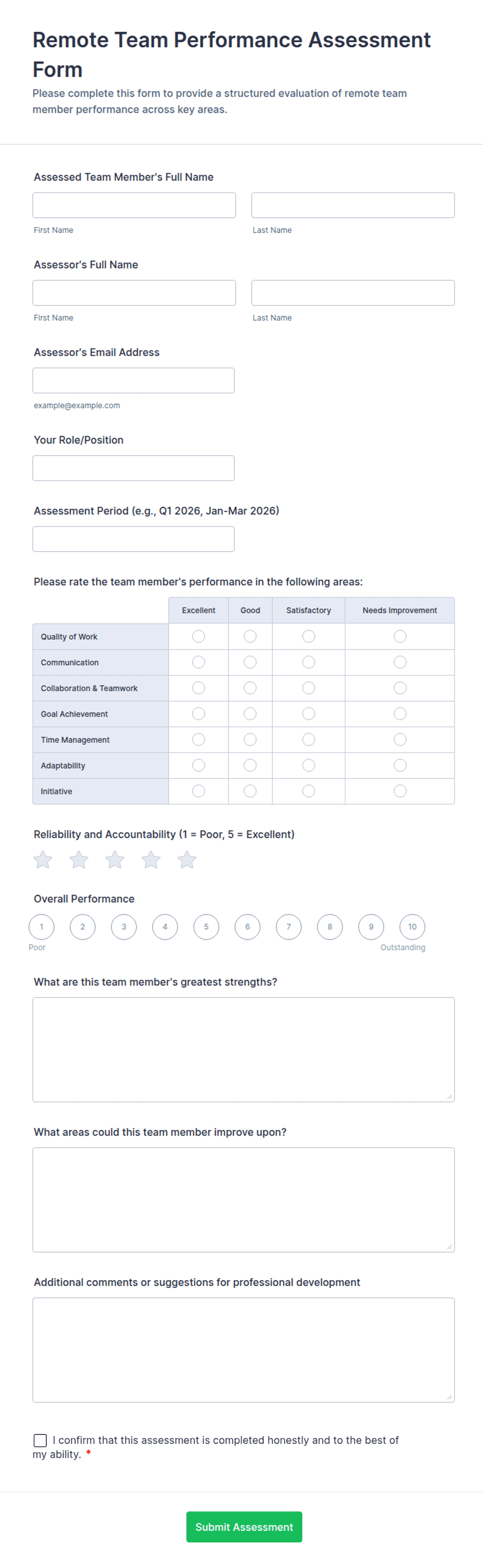Remote Team Performance Assessment Form Template | Jotform