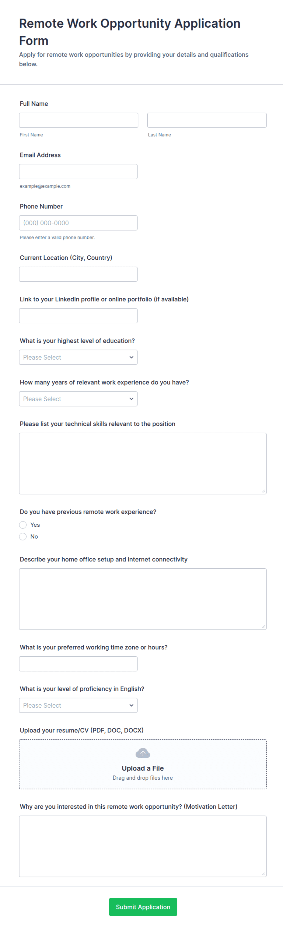 Remote Work Opportunity Application Form Template | Jotform