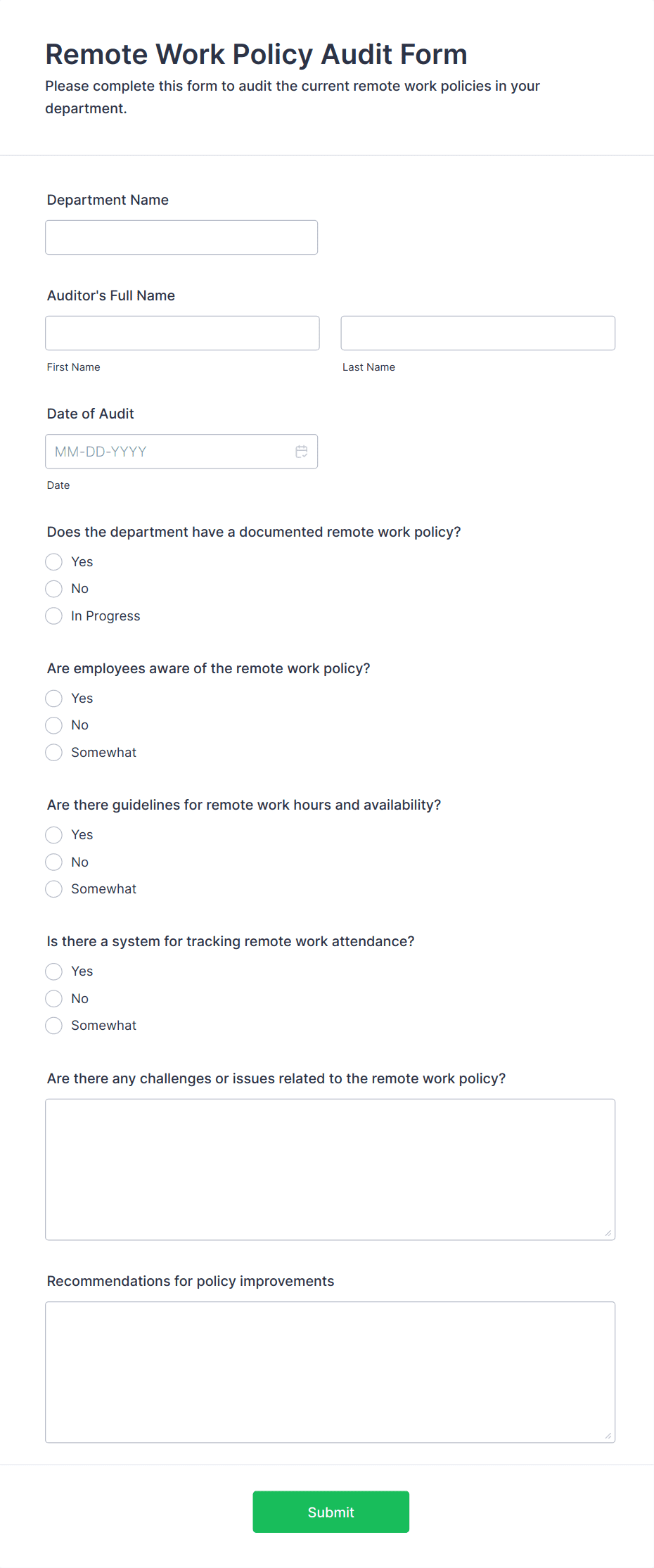 Remote Work Policy Audit Form Template | Jotform