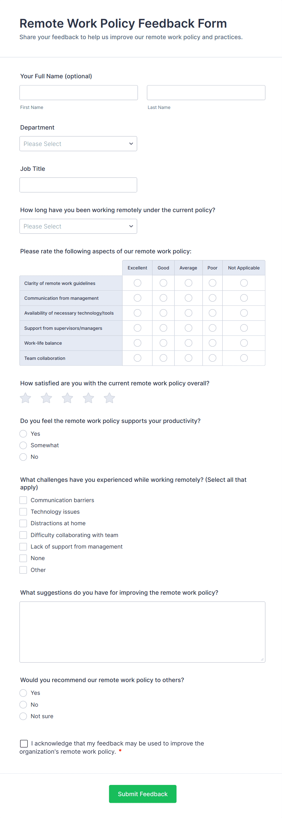 Remote Work Policy Feedback Form Form Template | Jotform