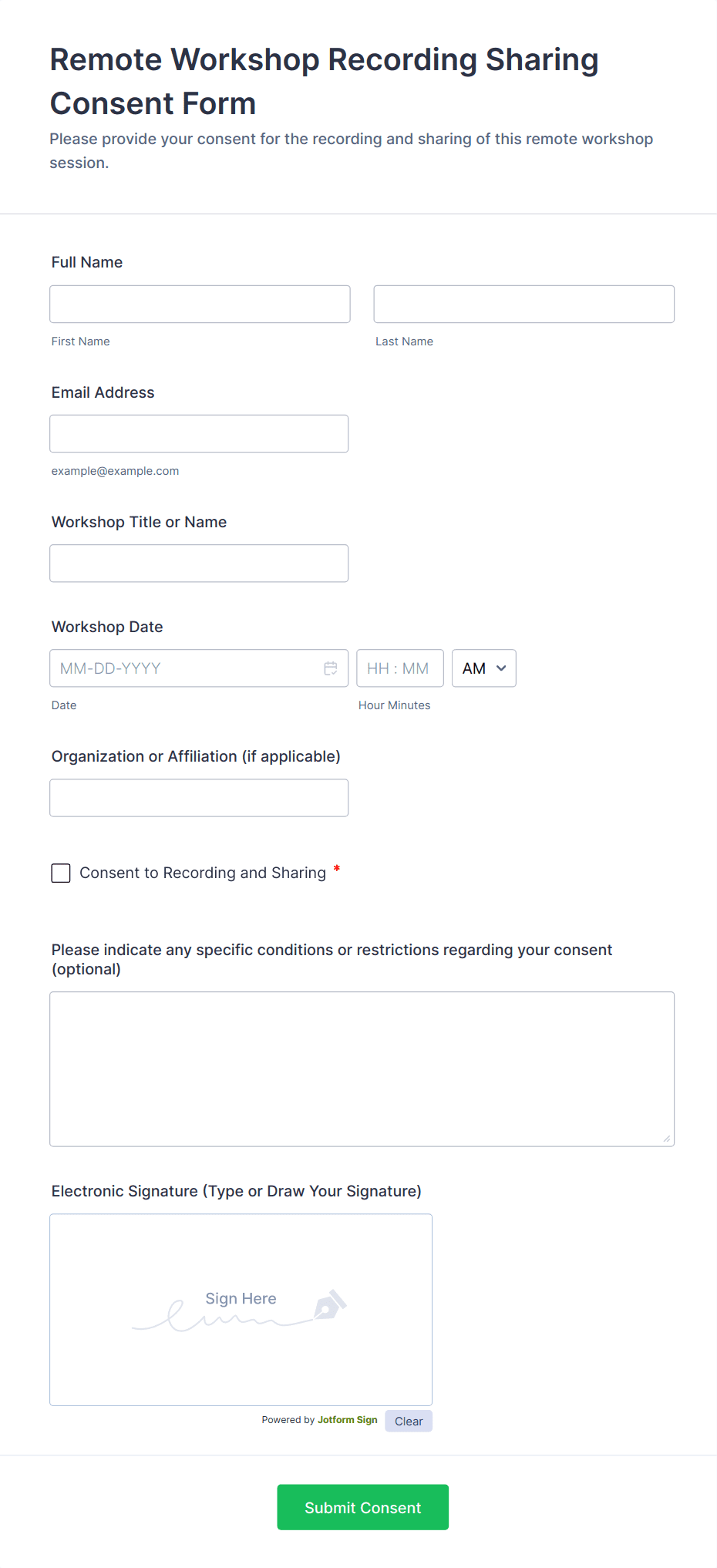 Remote Workshop Recording Sharing Consent Form Template | Jotform