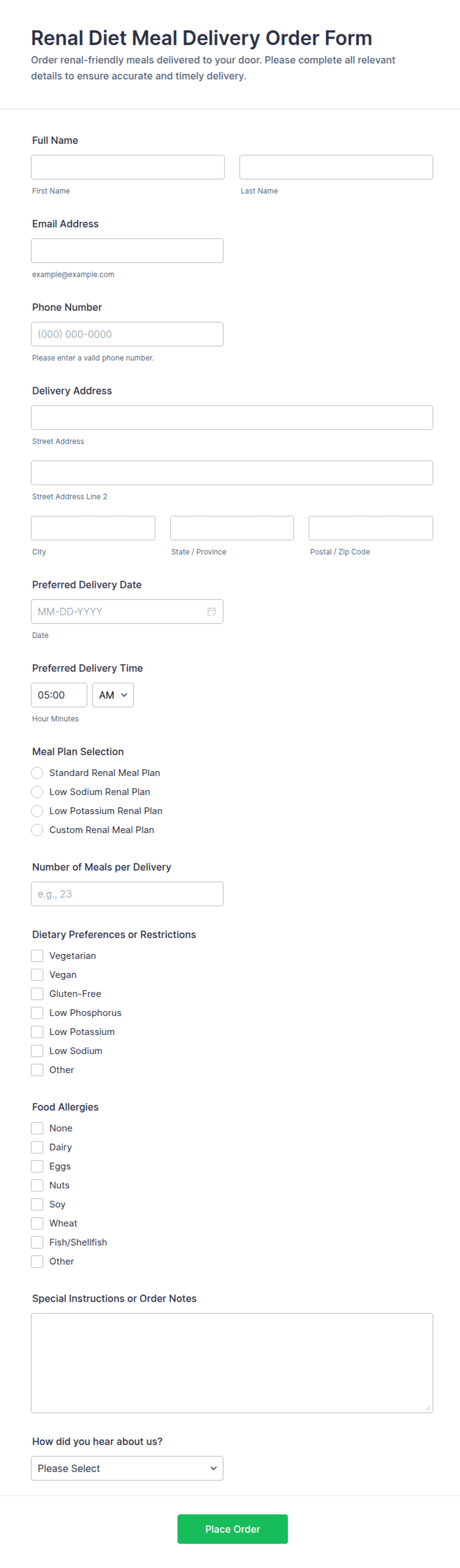 Renal Diet Meal Delivery Order Form Template | Jotform