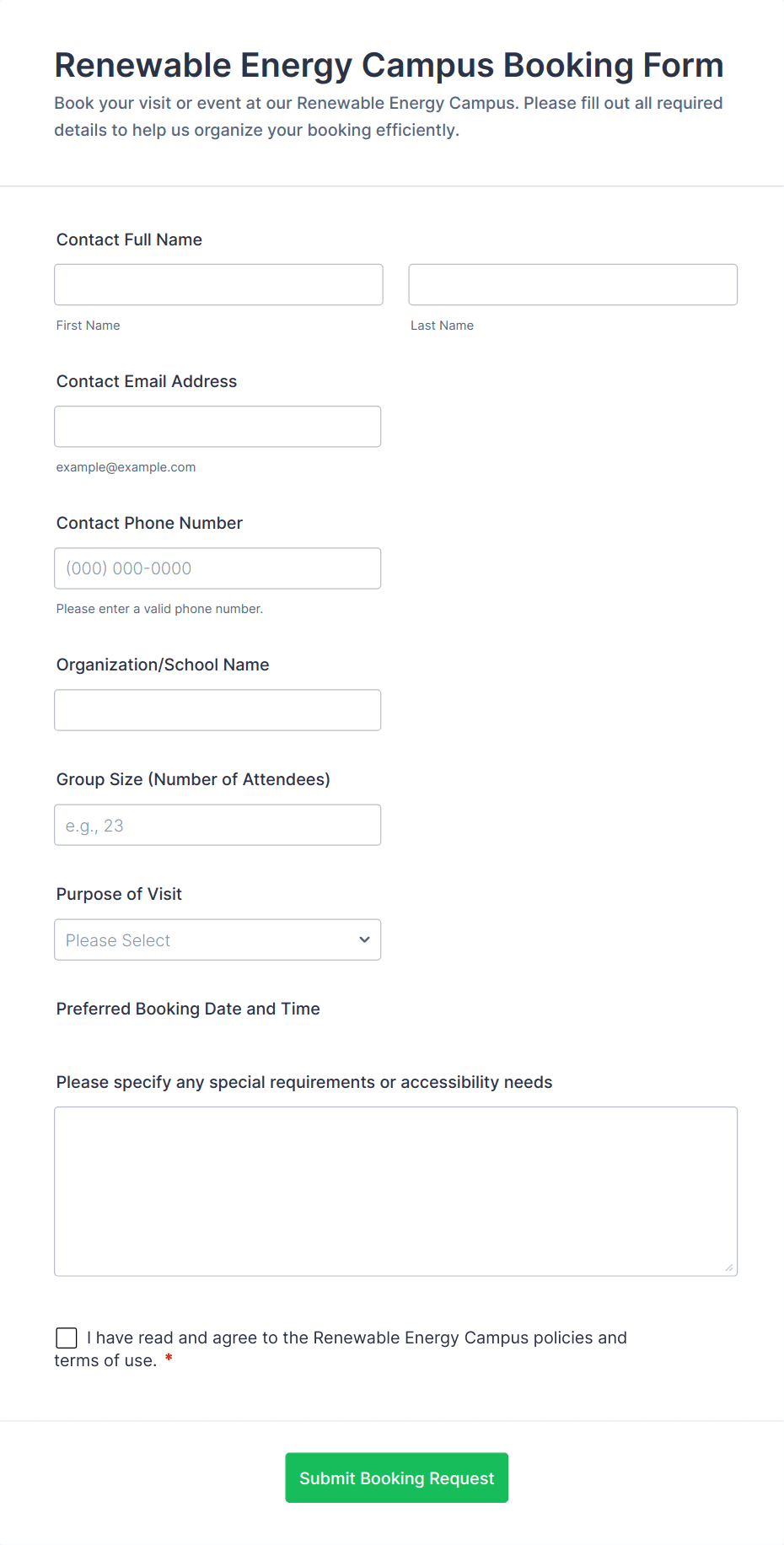 Renewable Energy Campus Booking Form Template | Jotform