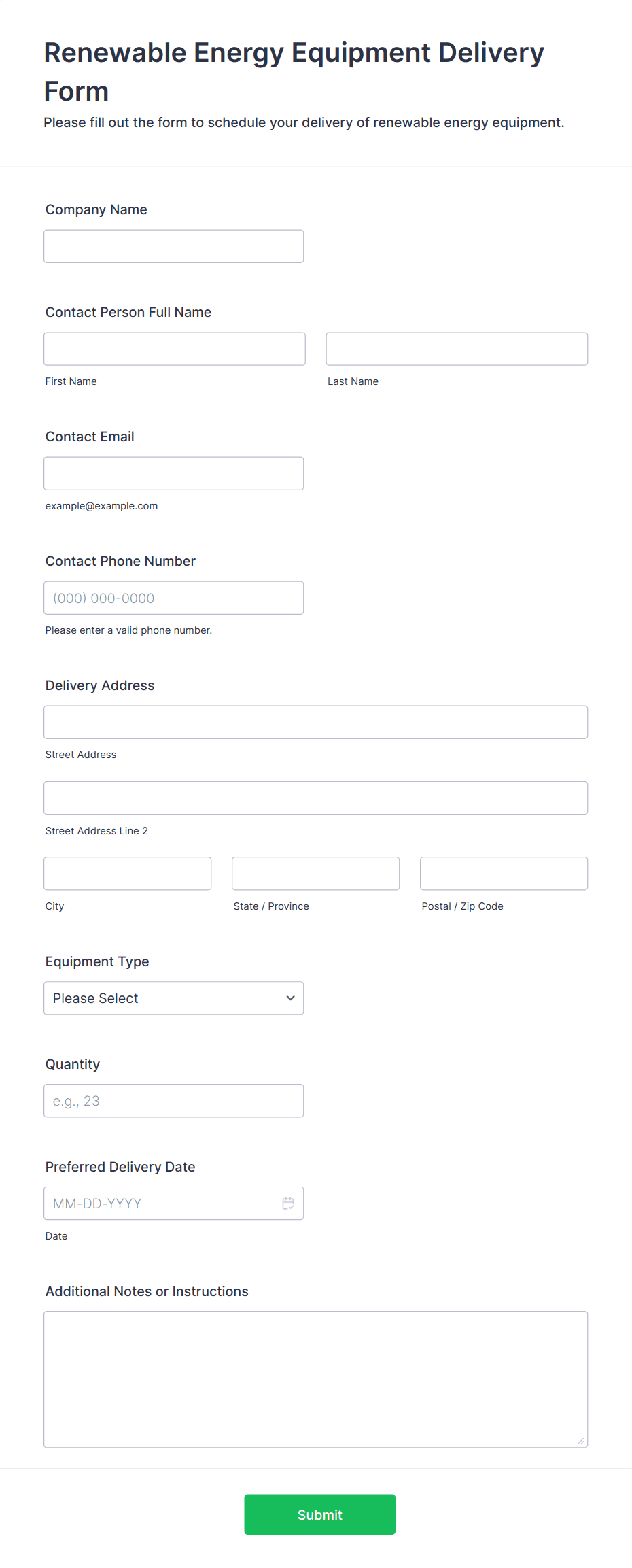 Renewable Energy Equipment Delivery Form Template | Jotform
