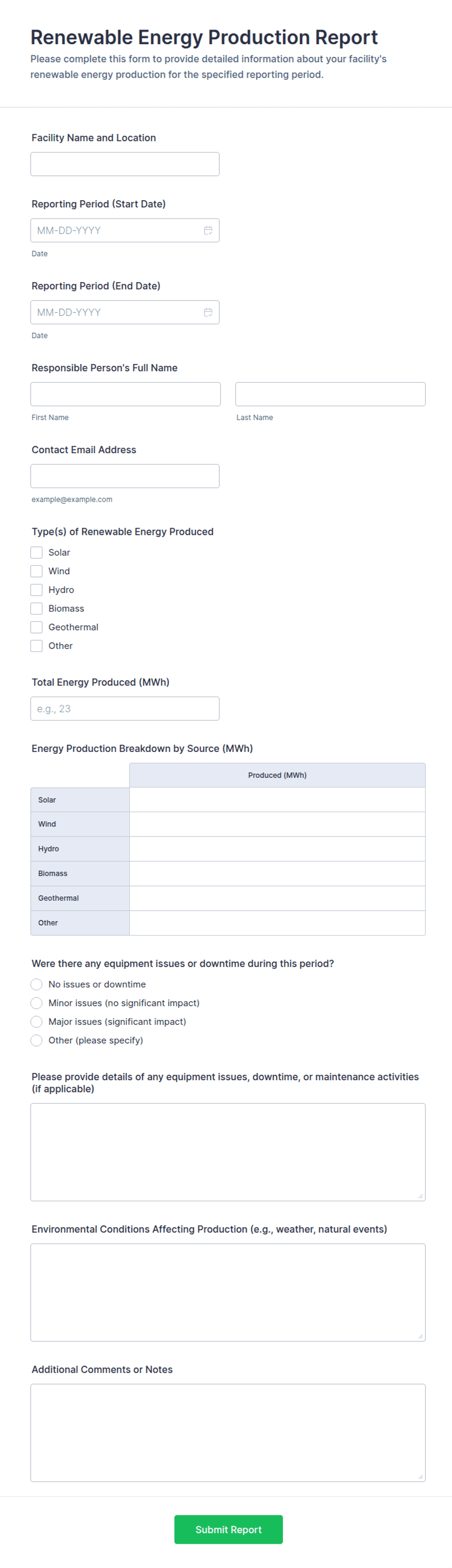 Renewable Energy Production Report Form Template | Jotform