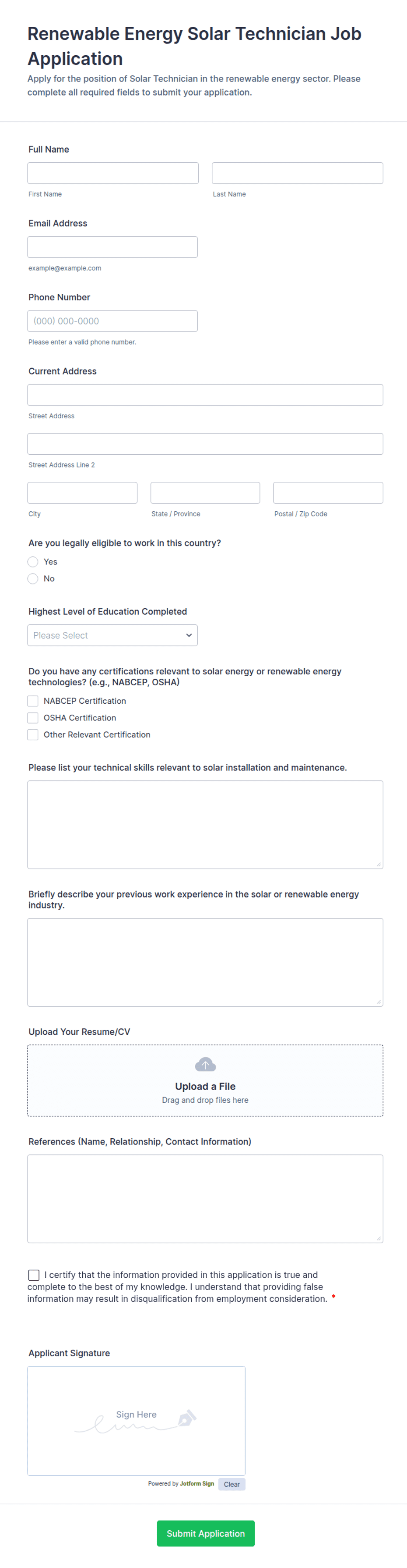 Renewable Energy Solar Technician Job Application Form Template | Jotform