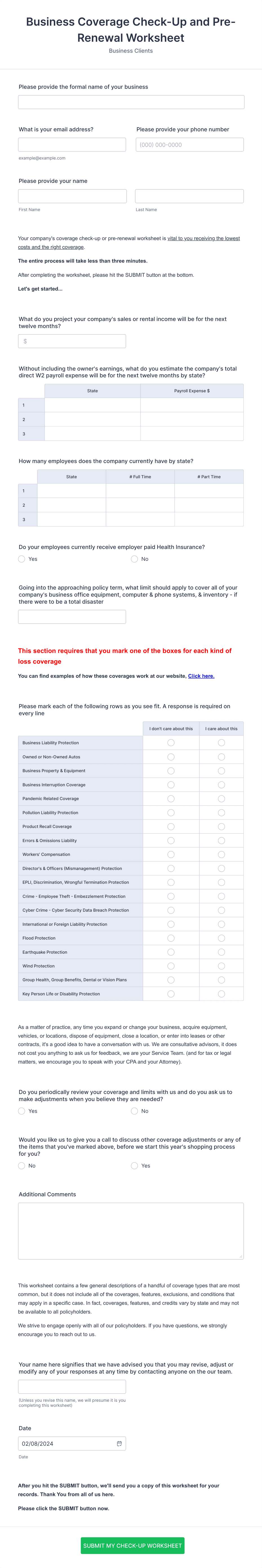 Renewal and Check-Up Worksheet - Business Coverage Form Template | Jotform
