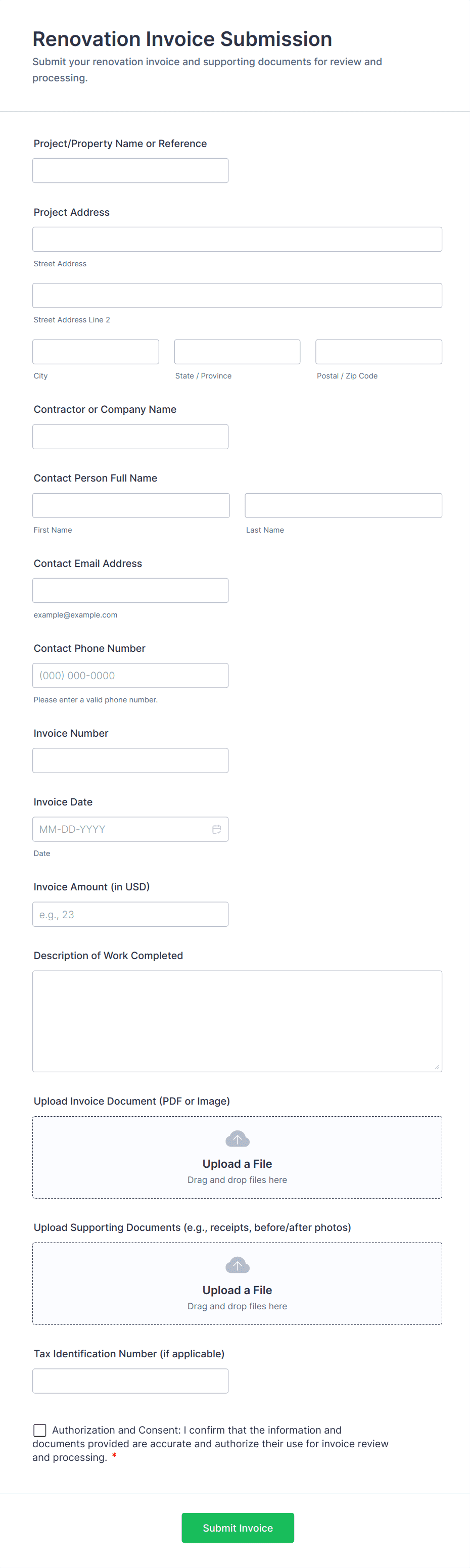 Renovation Invoice Submission Form Template | Jotform