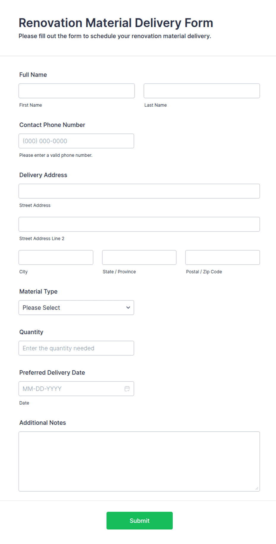 Renovation Material Delivery Form Template | Jotform