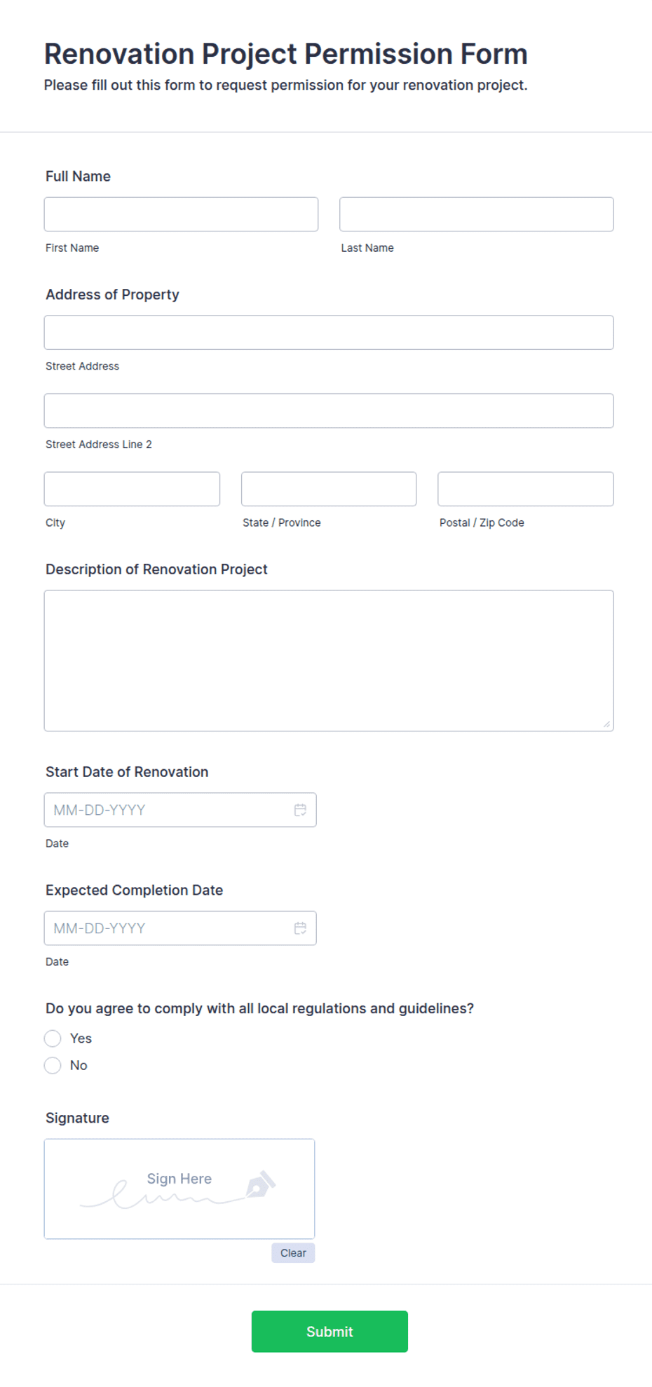 Renovation Project Permission Form Template | Jotform