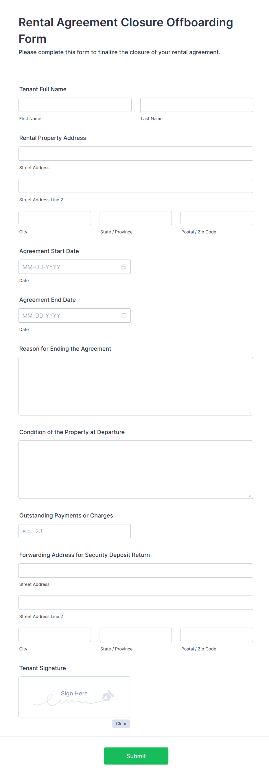 Rental Agreement Closure Offboarding Form Template | Jotform