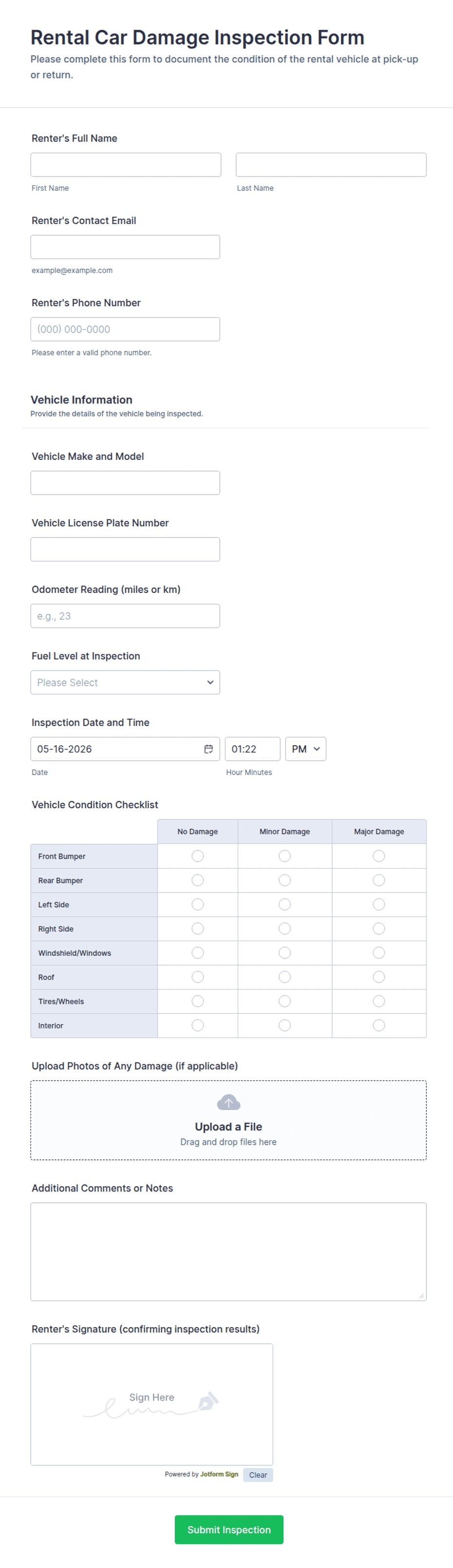 Rental Car Damage Inspection Form Template | Jotform