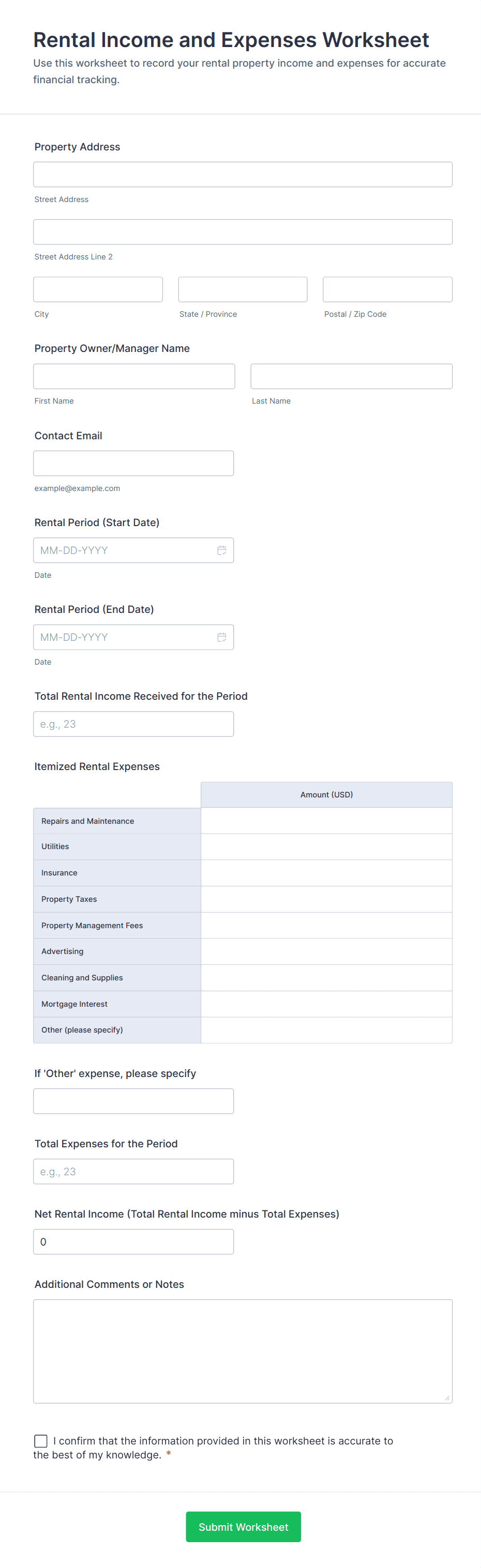 Rental Income and Expenses Worksheet Form Template | Jotform