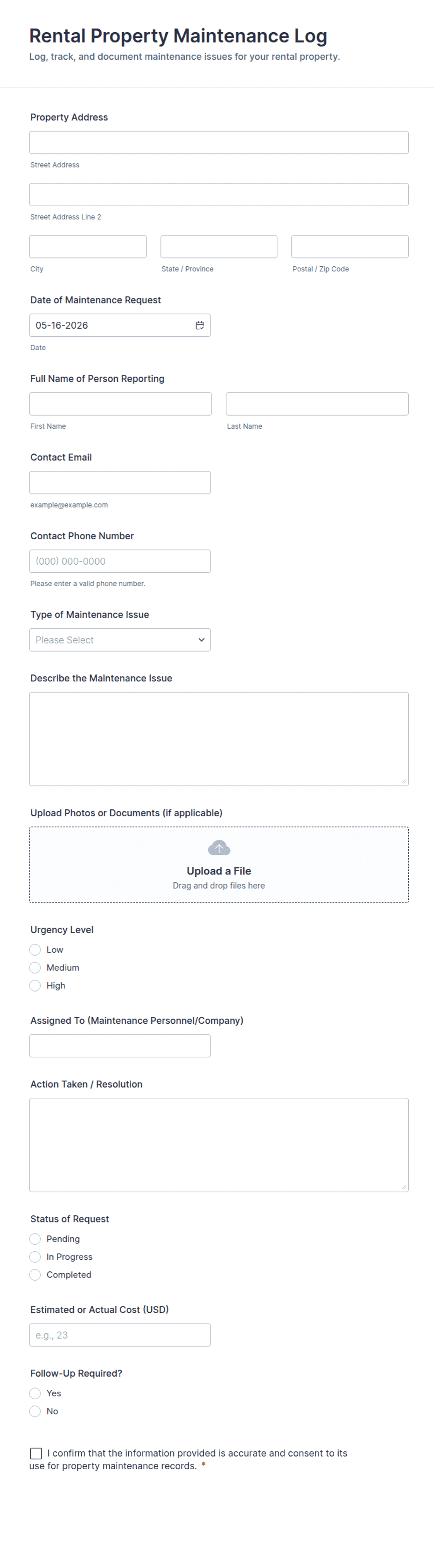 Rental Property Maintenance Log Form Template | Jotform