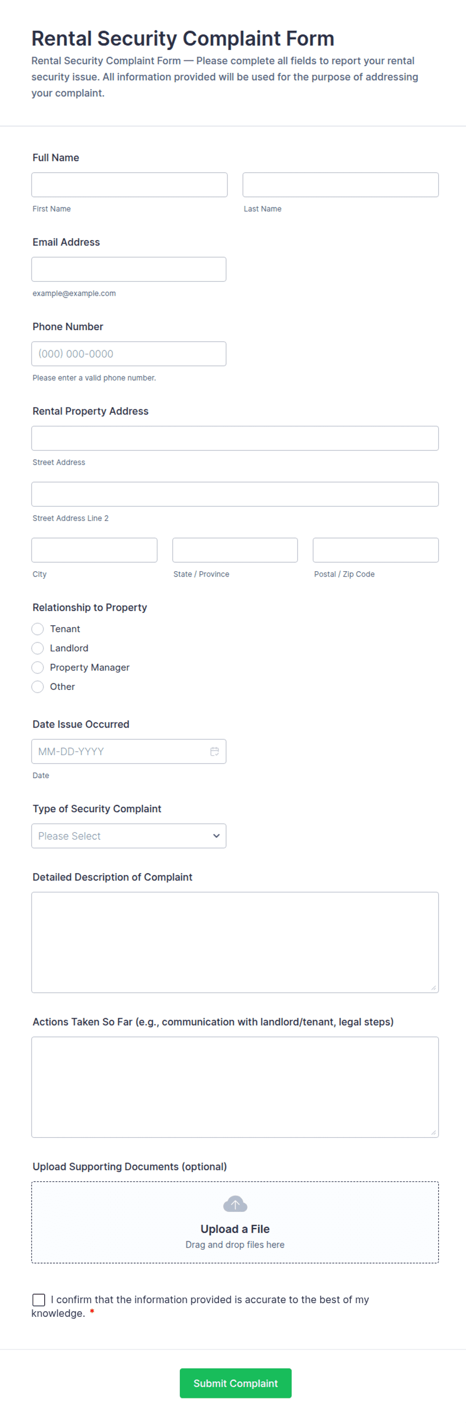Rental Security Complaint Form Template | Jotform