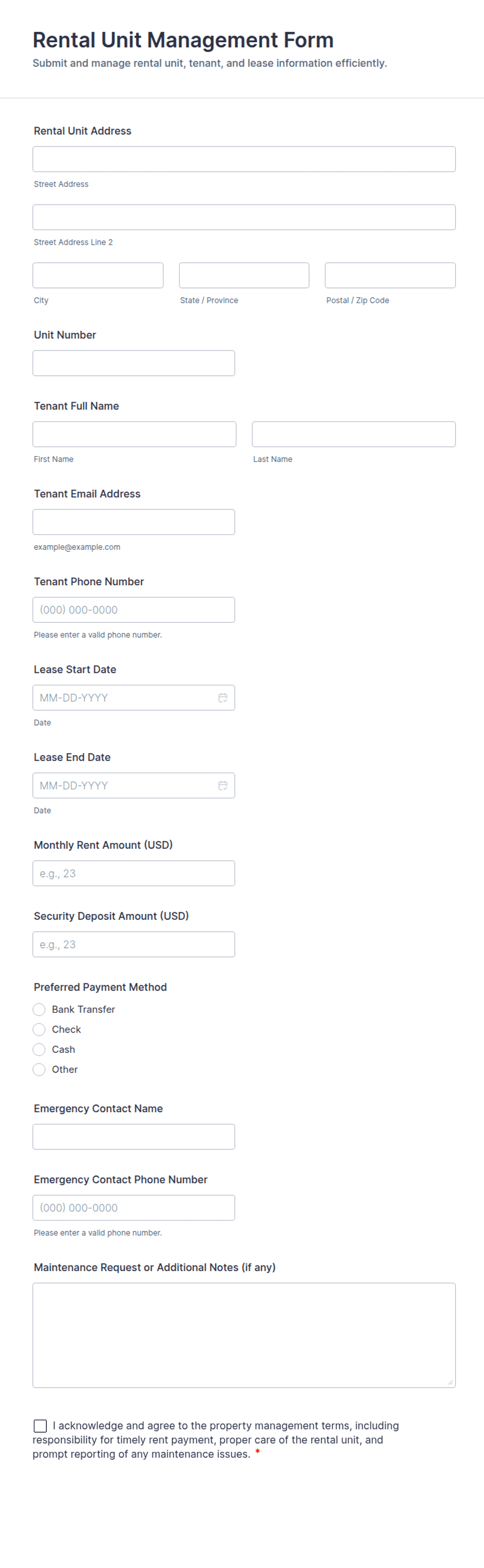 Rental Unit Management Form Template | Jotform
