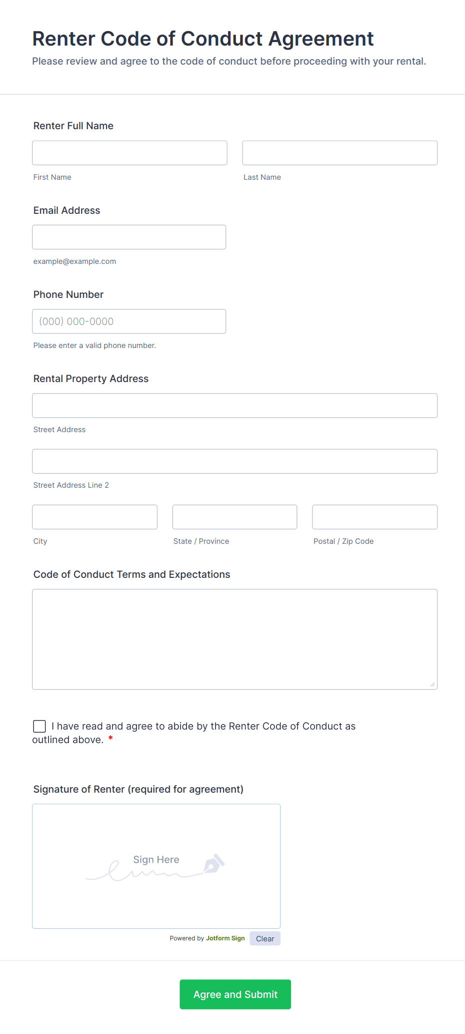 Renter Code of Conduct Agreement Form Template | Jotform
