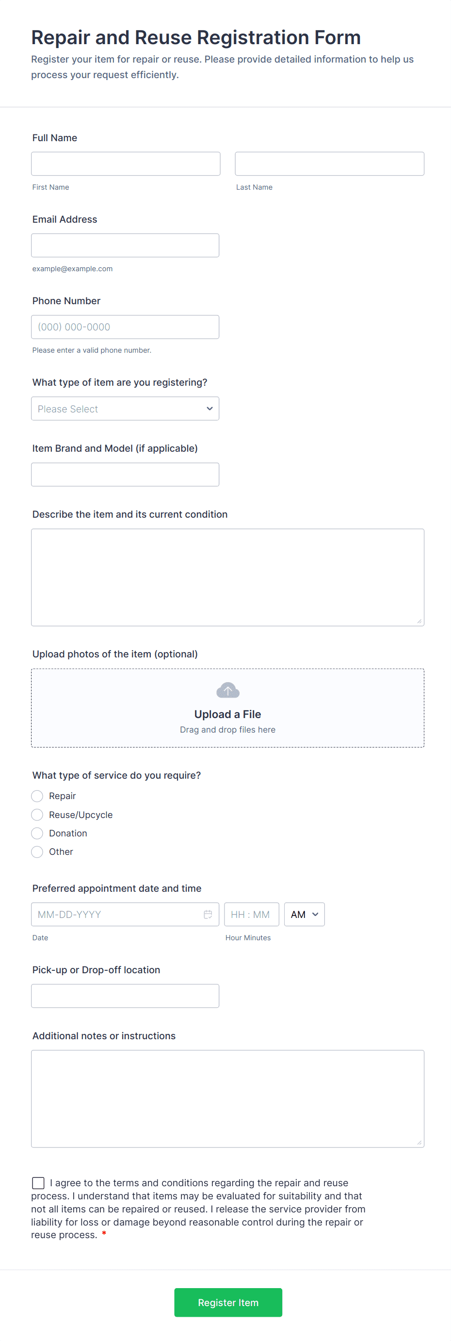 Repair and Reuse Registration Form Template | Jotform