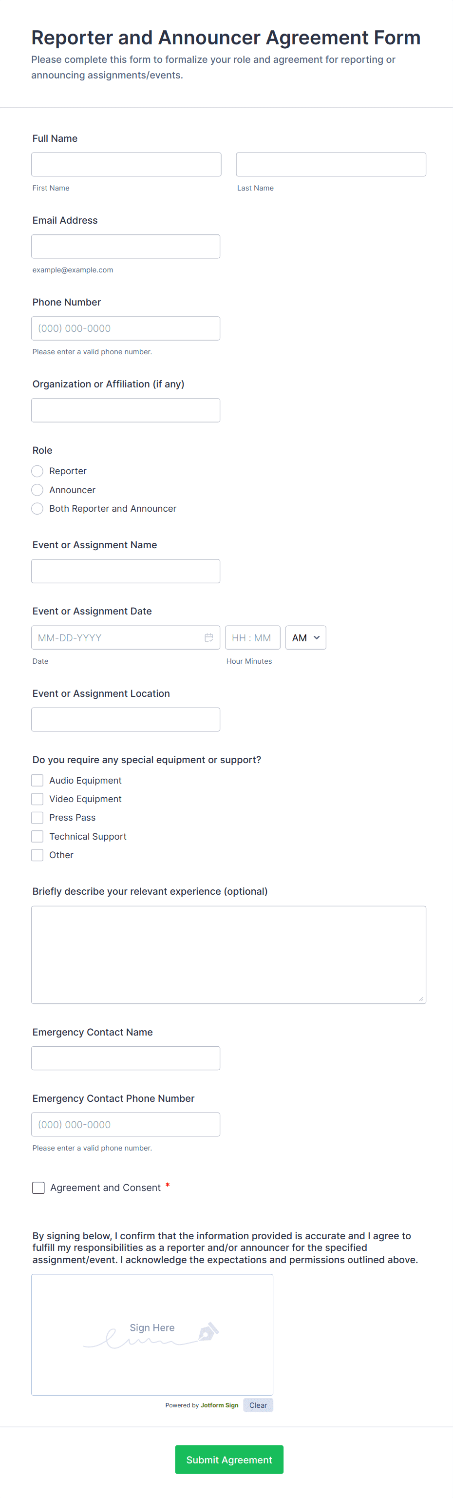 Reporter and Announcer Agreement Form Template | Jotform