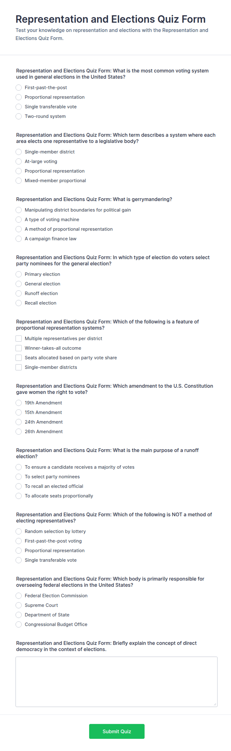 Representation and Elections Quiz Form Template | Jotform
