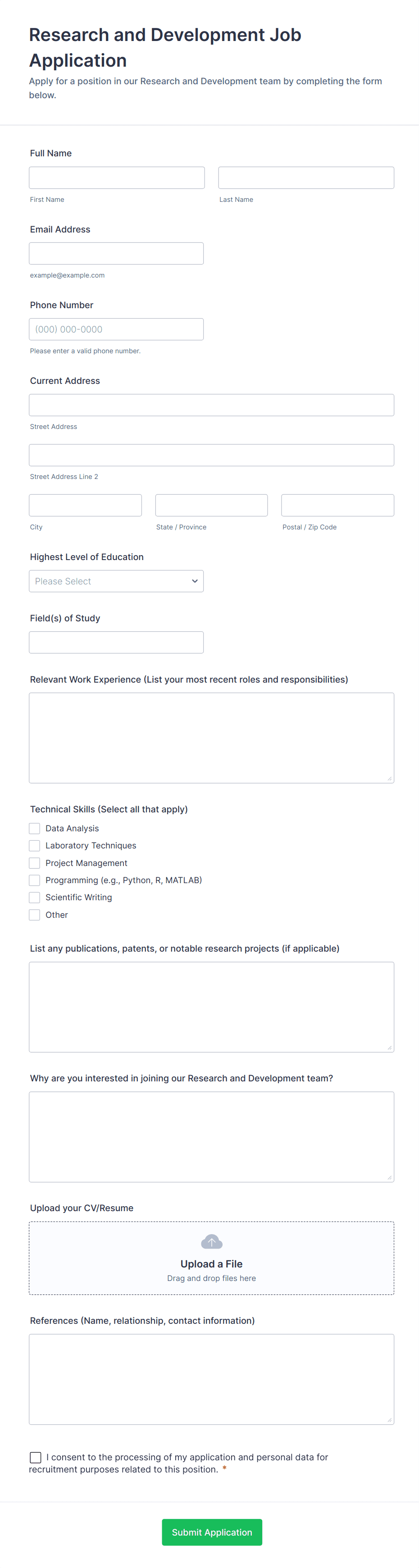Research and Development Job Application Form Template | Jotform