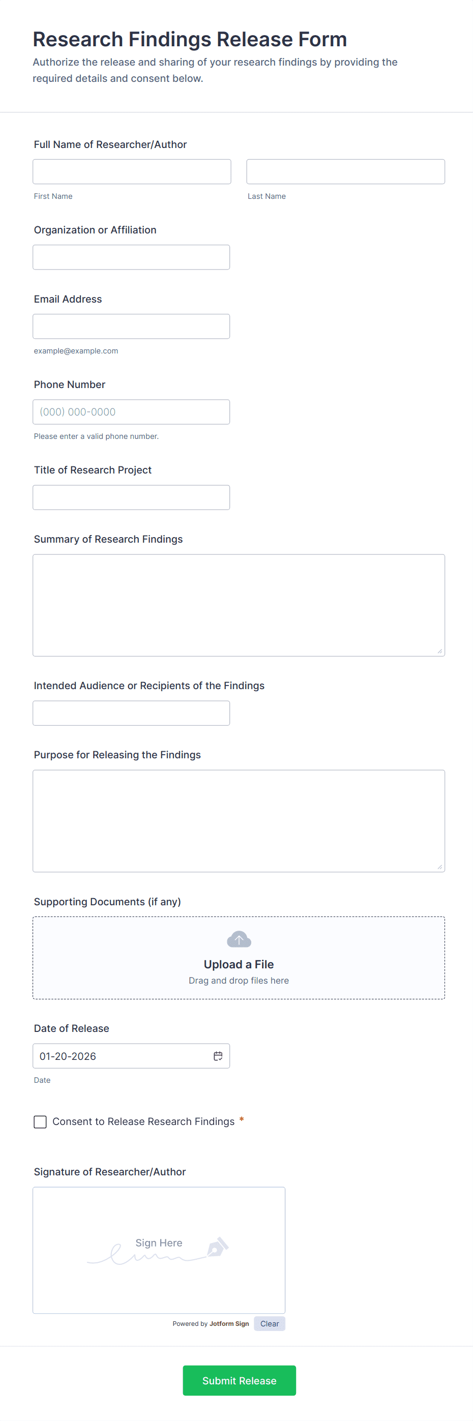 Research Findings Release Form Template | Jotform