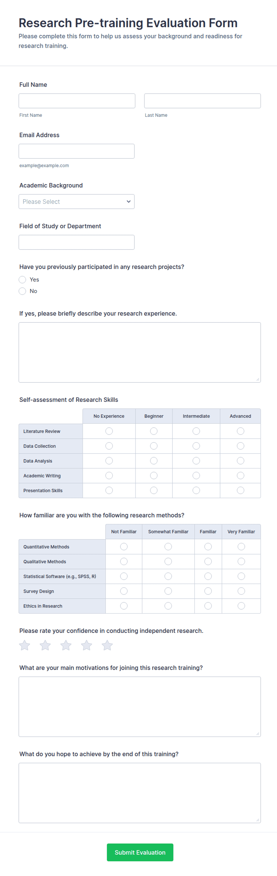 Research Pre-training Evaluation Form Template | Jotform
