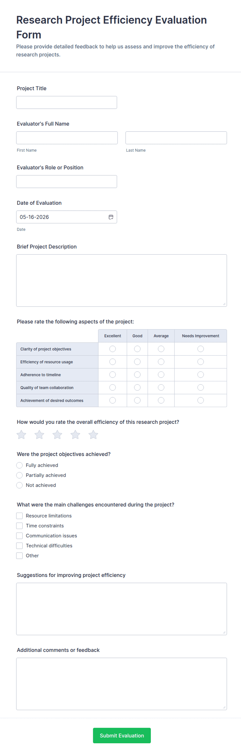 Research Project Efficiency Evaluation Form Template | Jotform